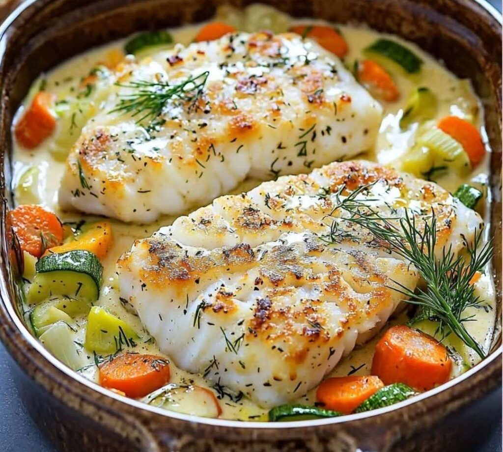 Recette de Cabillaud Rôti aux Légumes et Sauce Crémeuse au Four simple ...